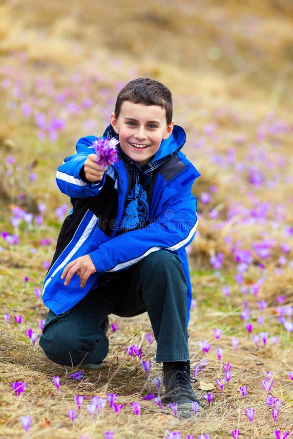 Boy Offering a Bunch of Flowers Stock Photo - Image of childhood ...