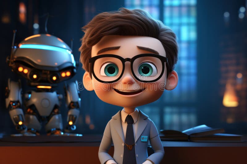 Boy, in the Office, Working Seriously with an Assistant Robot Stock ...