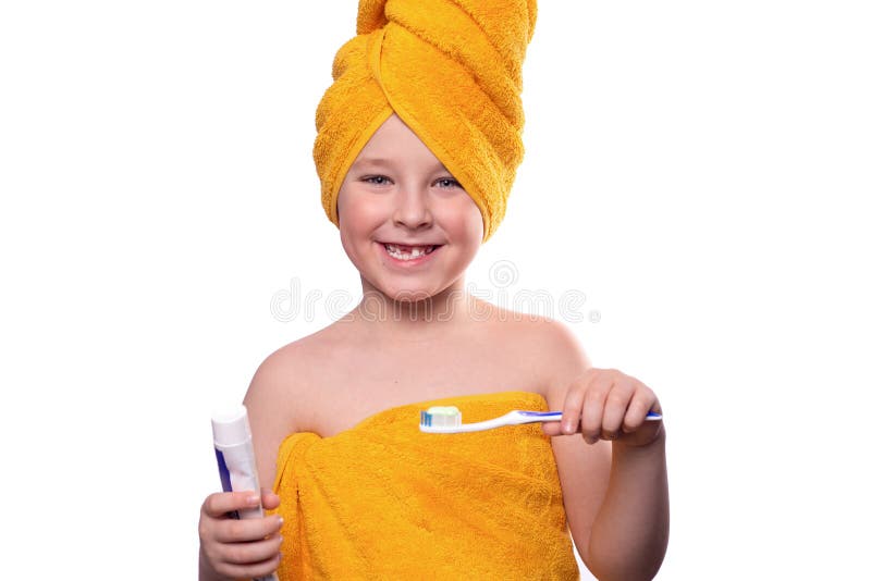 A Boy without One Tooth with a Toothbrush Isolated on a White ...