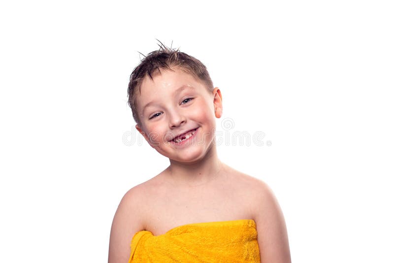 A Boy without One in a Towel after a Shower, Isolated on a White ...