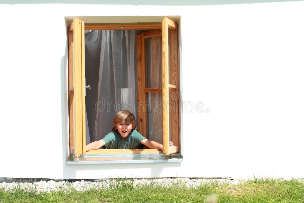 Boy opening the window stock photo. Image of open, barefoot - 25493562