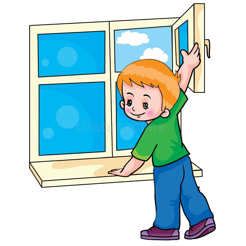 Boy Opens a Window and Ventilates the Room, Cartoon Illustration ...