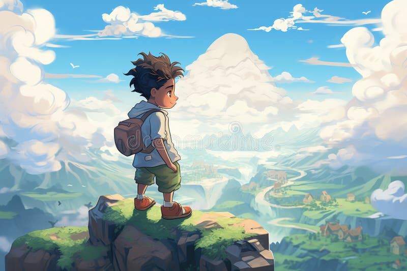 Boy Overlooking a Beautiful View from a Hilltop Stock Photo - Image of ...