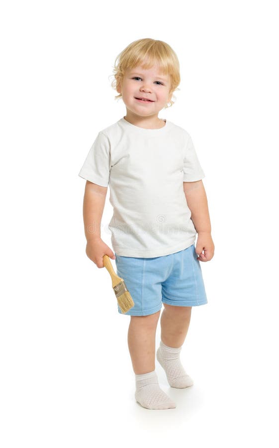 Boy with Paint Brush Front View Standing Full Length Stock Photo ...