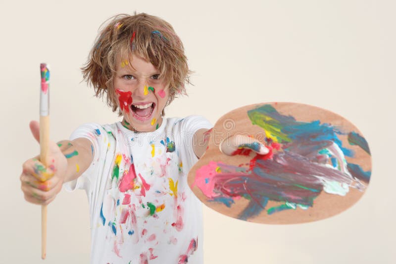 Young Boy Covered in Paint Splatter Stock Image - Image of caucasian ...