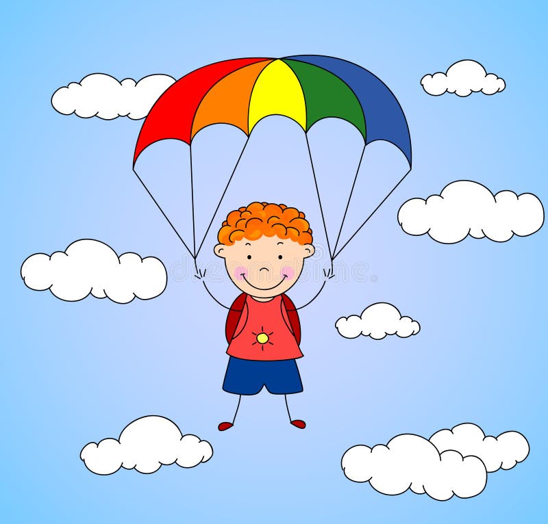 Boy Parachutist Descends from the Sky on a Parachute through the Stock ...