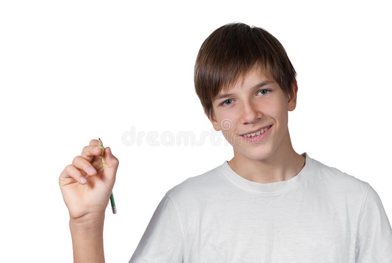 Boy with Pencil Isolated on White Stock Image - Image of adorable ...