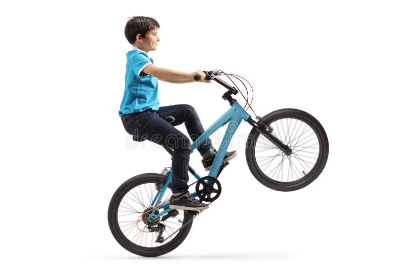 Boy Performing Bicycle Acrobatics and Riding with One Wheel Up Stock ...