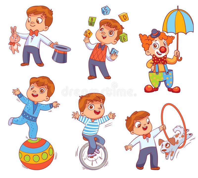 Boy Performs Different Circus Tricks Stock Vector - Illustration of ...