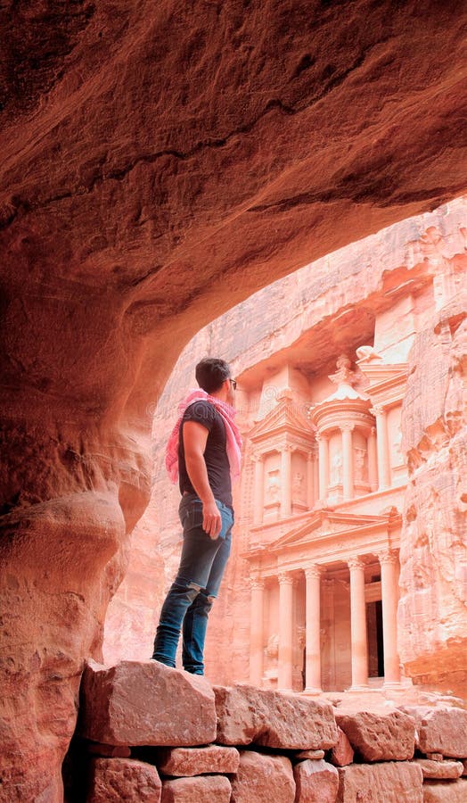 Man in the Treasury of Petra Stock Image - Image of rock, city: 208121119