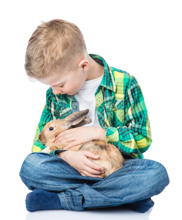Boy Petting a Rabbit. Isolated on White Background Stock Image - Image ...
