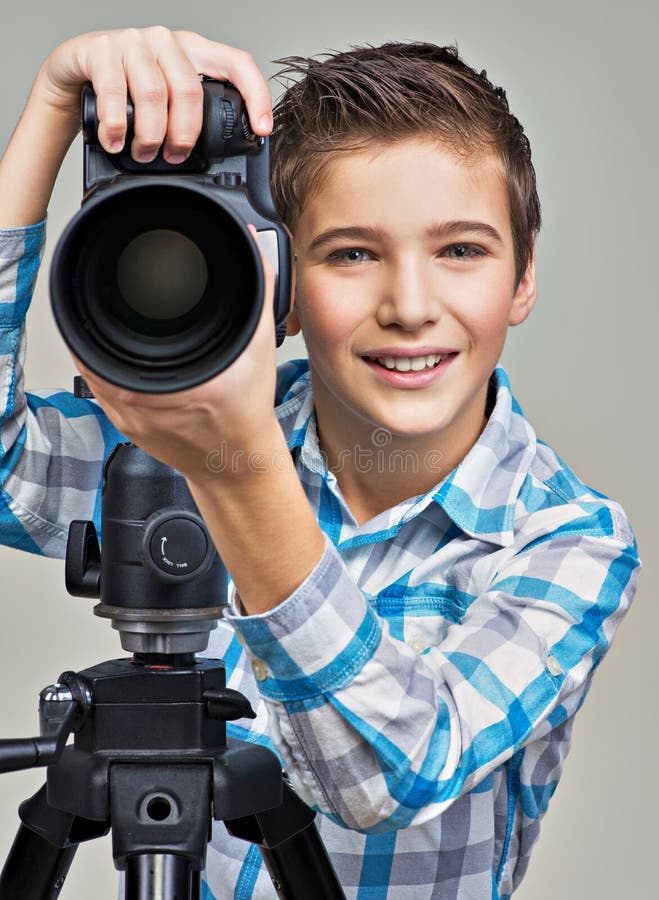 Boy with Photo Camera Taking Pictures. Stock Image - Image of camera ...