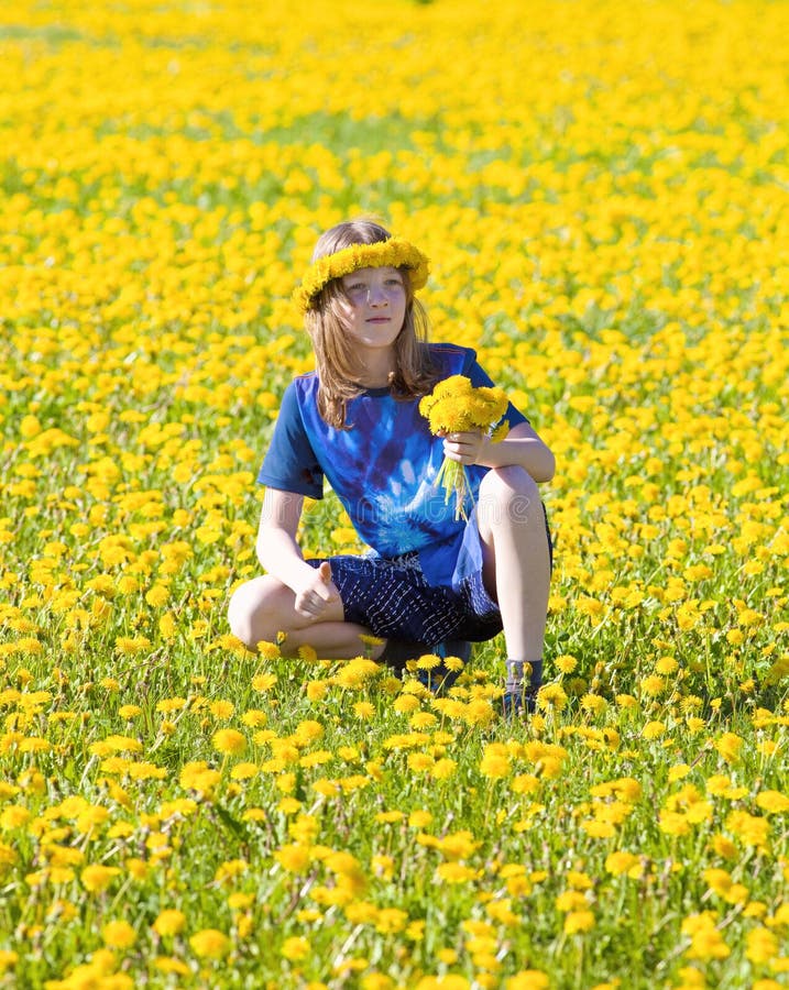 Boy Picking Dandelions on a Meadow Stock Image - Image of blue ...