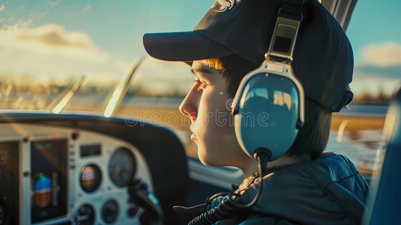 A Boy in a Pilot S Cap and Glasses is Sitting in the Cockpit of a ...