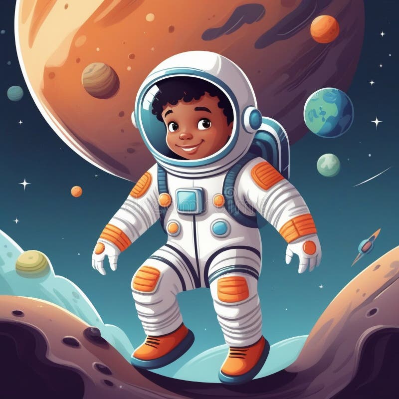 Boy on Planet in a Space Suit, Children S Book Illustration Style Stock ...