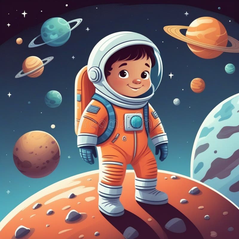 Boy on Planet in a Space Suit, Children S Book Illustration Style Stock ...