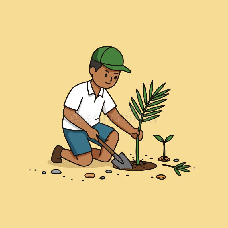 Boy Planting Tree Sapling with Shovel in Ground Stock Illustration ...