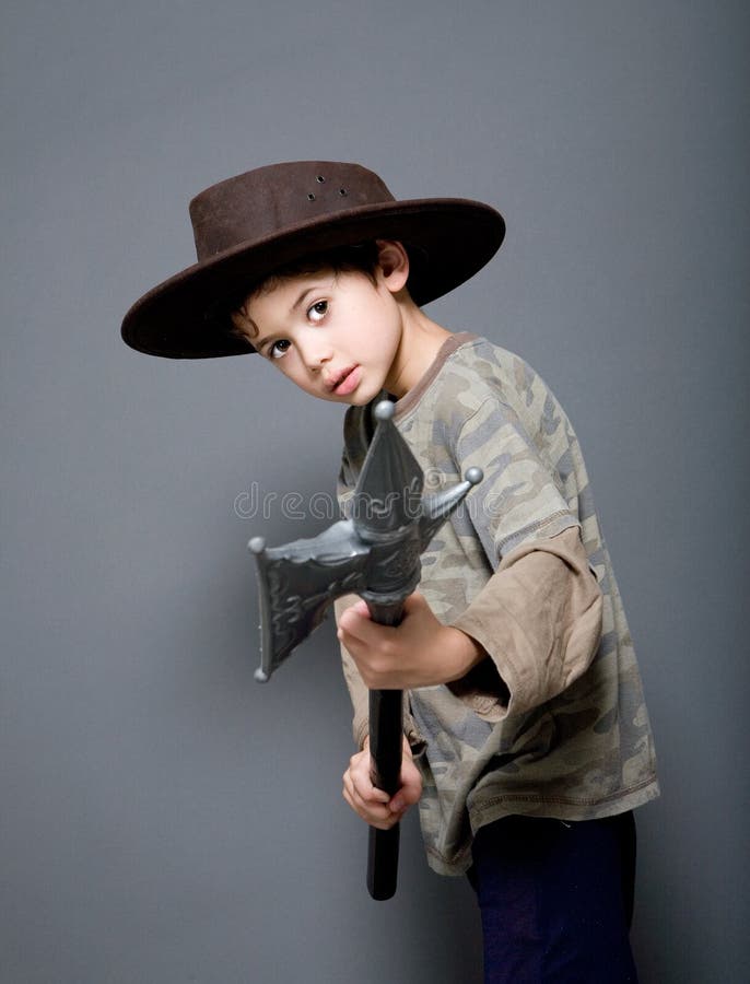 Boy with Plastic Axe Pretending Stock Photo - Image of expression ...