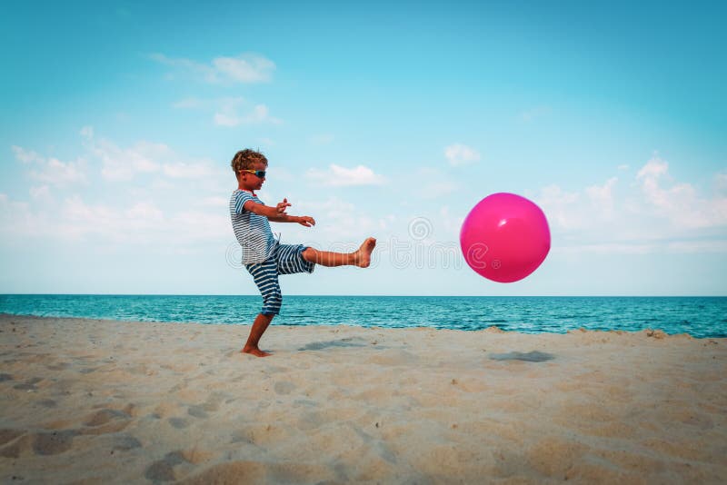 Boy Play with Ball on Beach, Active Games for Kids Stock Photo - Image ...