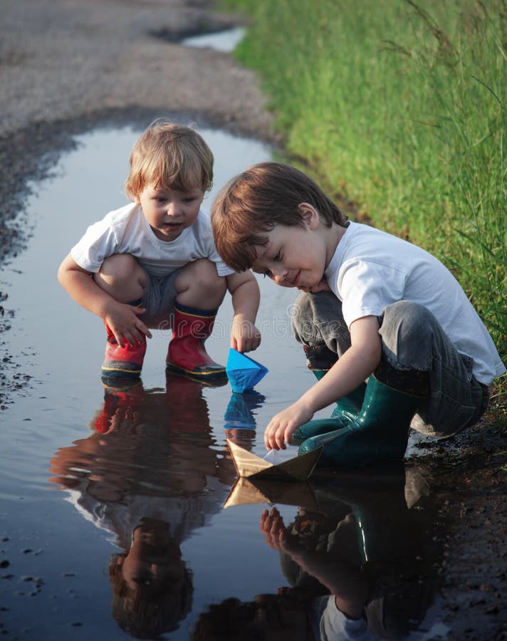 2 Boy Play in Puddle Summer Day Stock Image - Image of little ...