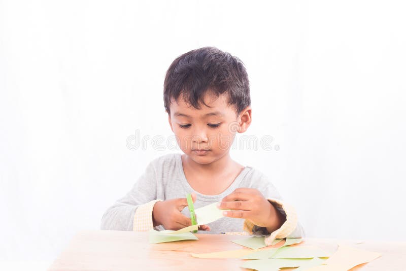 Boy Play Scissors Cutting Paper Stock Image - Image of childhood, girl ...