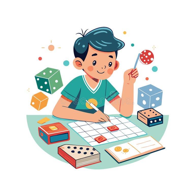 Boy Playing Board Game with Dice, Concentration, Focus and Strategy ...