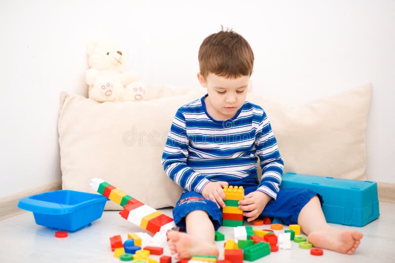 Boy is Playing with Building Blocks Stock Image - Image of construction ...