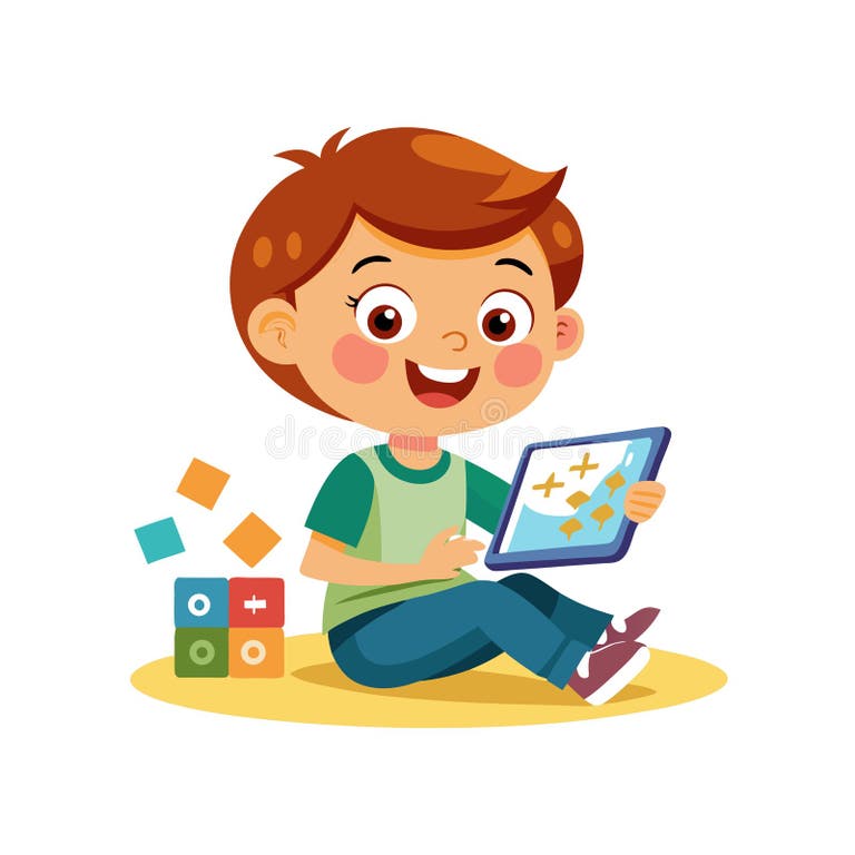 Boy Playing Educational Games on Tablet with Math Blocks Stock Vector ...