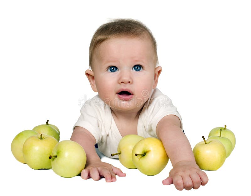 Boy is Playing with Green Apples Stock Image - Image of looking, happy ...