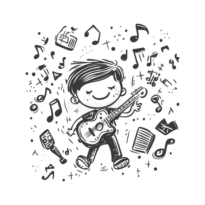 Happy Little Guitarist Playing Music with Notes Surrounding Him Stock ...