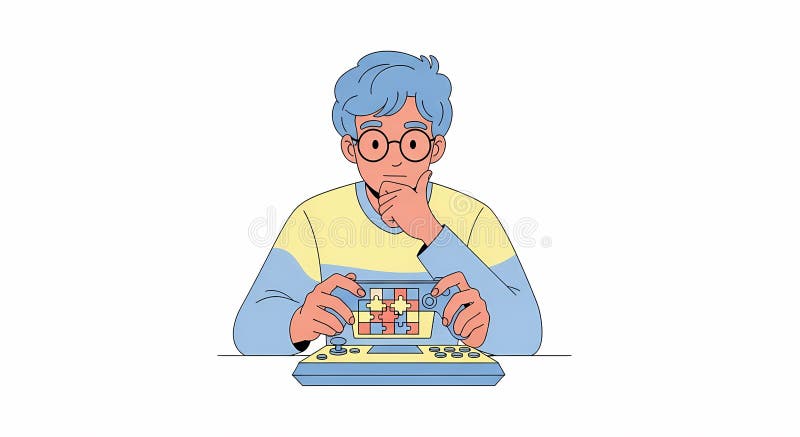 Boy Playing Handheld Puzzle Game, Thinking Concentrated Solving Problem ...