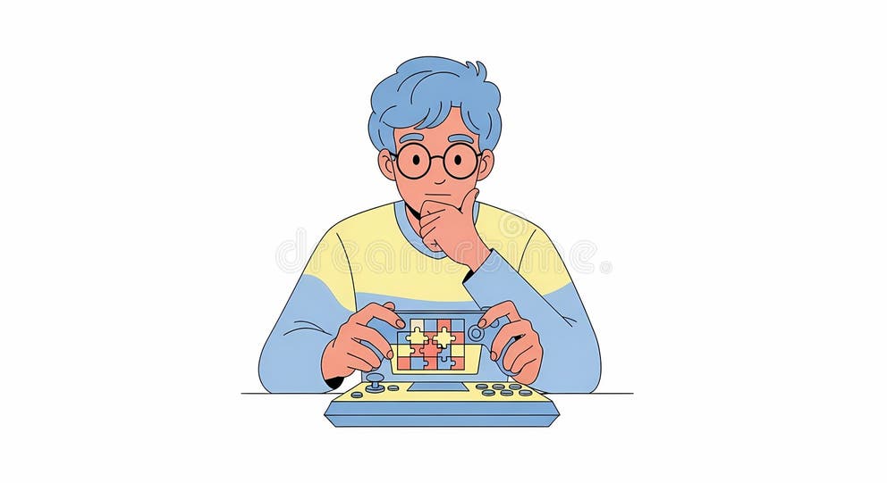 Boy Playing Handheld Puzzle Game, Thinking Concentrated Solving Problem ...