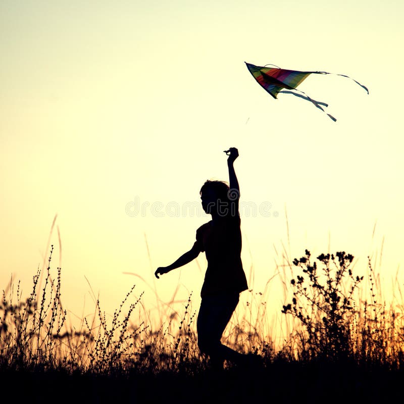 Boy Playing Kite on Summer Sunset Meadow Silhouetted Stock Photo ...