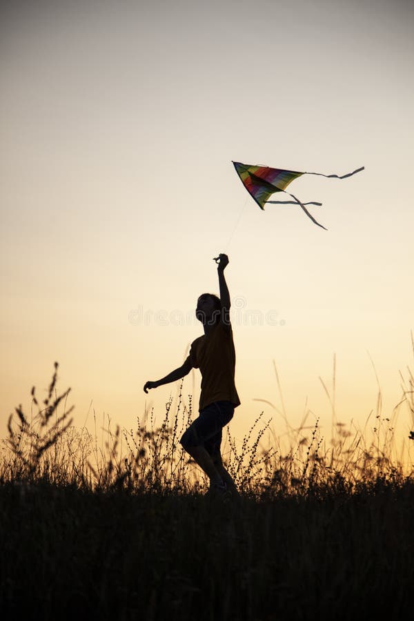 Boy Playing Kite on Summer Sunset Meadow Silhouetted Stock Image ...
