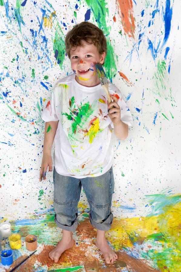 Young Boy Covered in Paint Splatter Stock Image - Image of brush ...