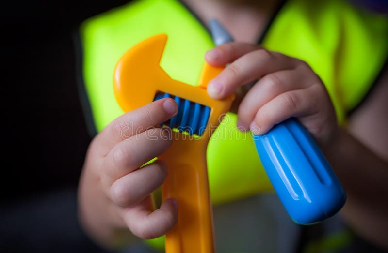 Boy Playing with Plastic Toy Tools Stock Image - Image of architect ...