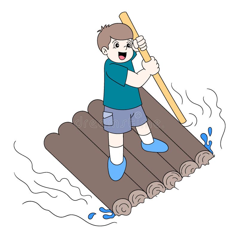 Boy is Playing Rowing a Wooden Raft in the River Stock Vector ...