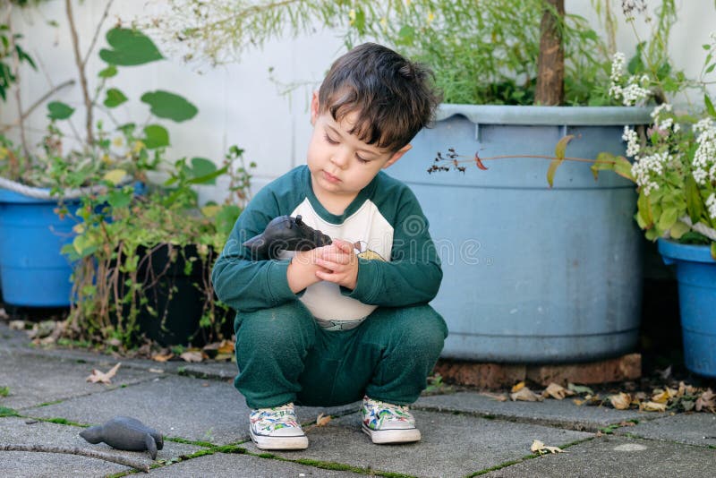 Little Boy Playing with a Twig in the Garden Stock Photo - Image of ...