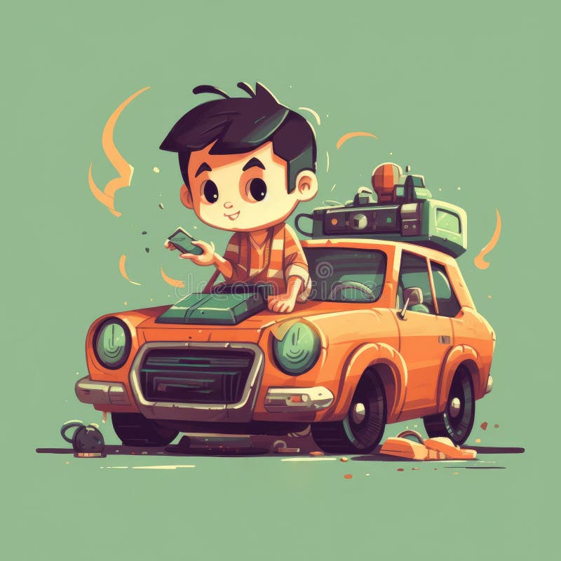 Boy Playing with Toy Car, Cartoon Illustration with Generative Ai Stock ...