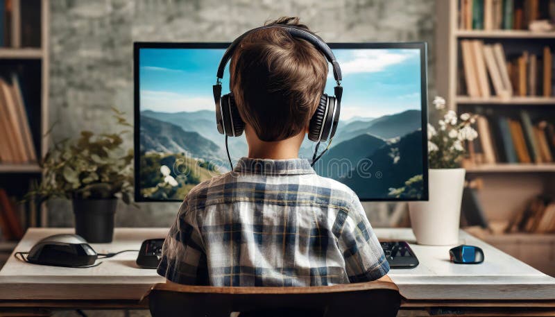 Boy Playing Video Game on Personal Computer, Stock Illustration ...