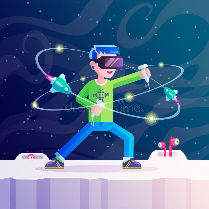 Boy Playing a VR Space Shooter Game Standing on a Planet. Stock Vector ...