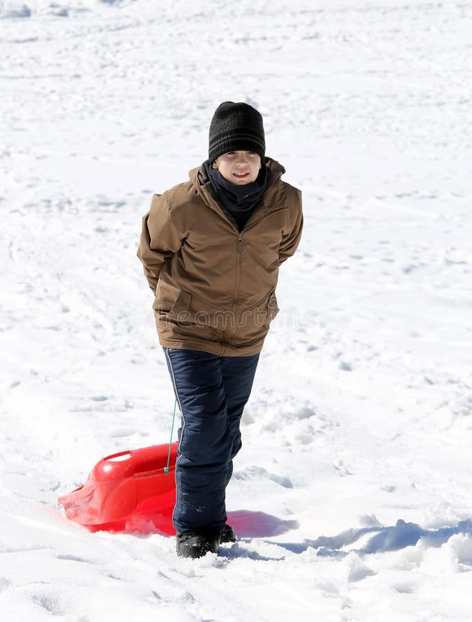 Boy Plays with Bob on the Snow in the Mountains Stock Image - Image of ...