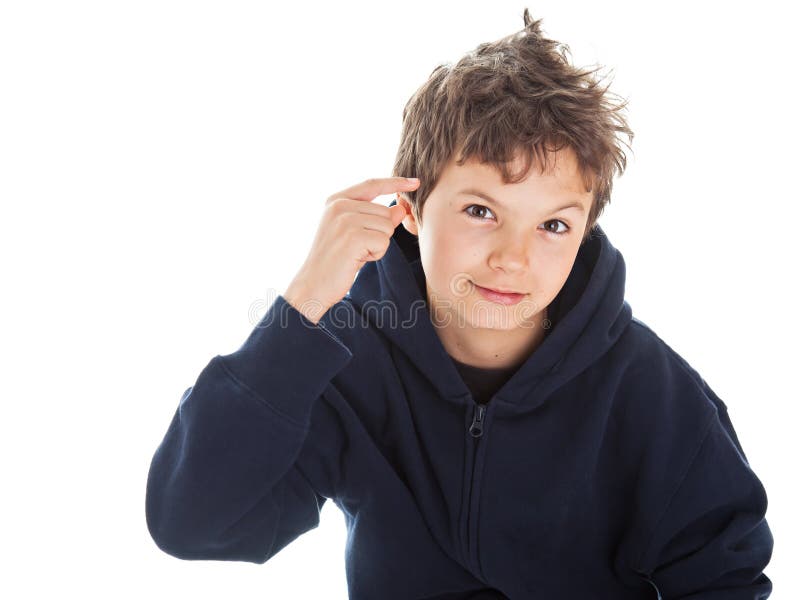 Boy Pointing His Finger To His Head Stock Photo - Image of white, hoody ...