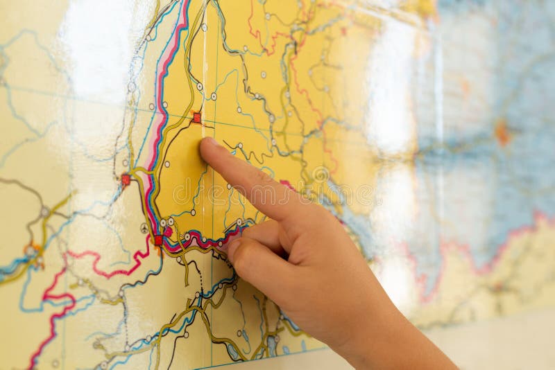 Boy Pointing His Finger on World Map in a Classroom Stock Image - Image ...