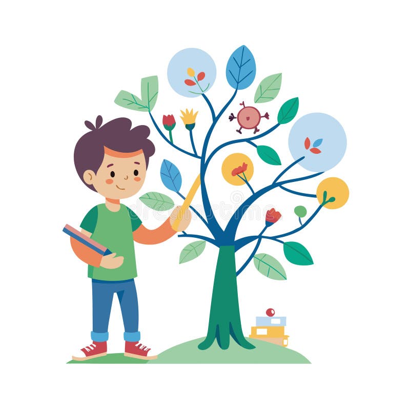 Boy Points at a Conceptual Learning Tree with Flowers, Leaves and ...