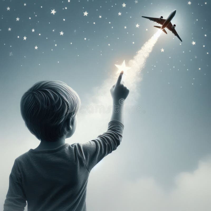 The Boy Points To a Star Flying Towards the Plane. Stock Image - Image ...