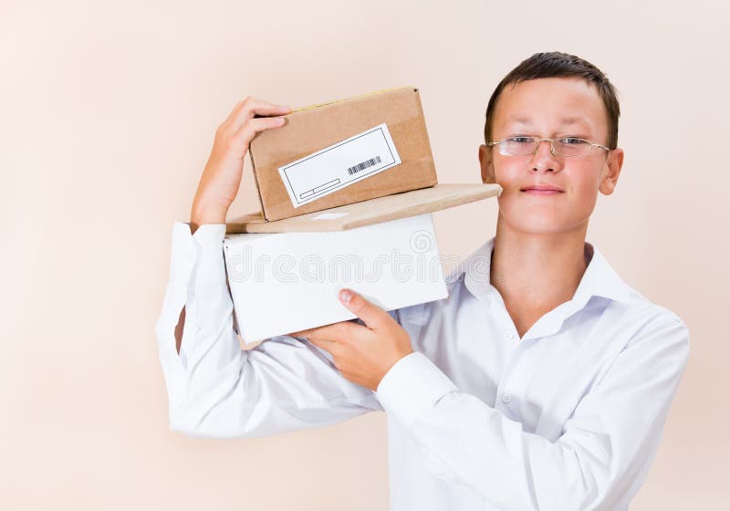 Boy postman with a parcel stock photo. Image of shipping - 61956012