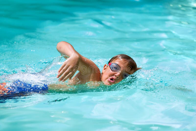 Boy Practicing Freestyle in Pool. Stock Image - Image of health ...