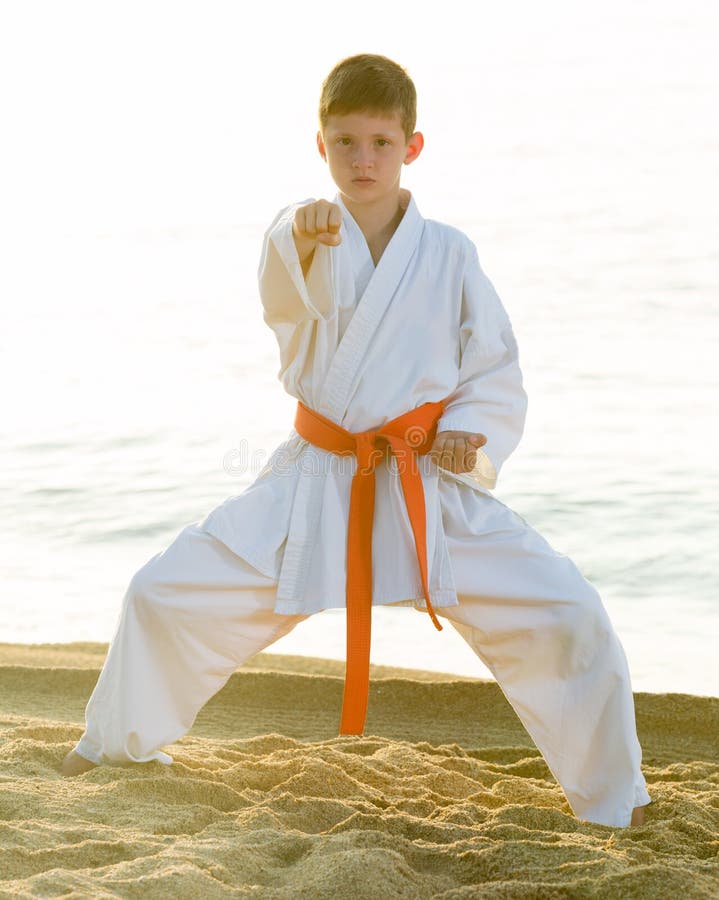 Boy Practising Karate at Seaside Stock Photo - Image of kimono, jujitsu ...