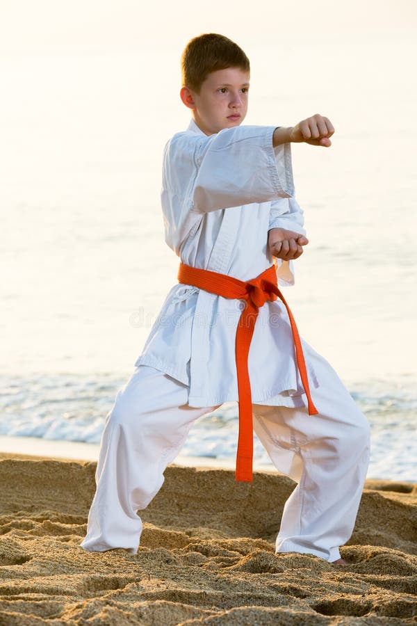 Boy Practising Karate at Seaside Stock Photo - Image of person, sunset ...